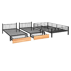 Triple Bunk Bed Metal Full Over Two Twin Beds with Storage Drawers and Shelf Detachable 3 Bed Bunk Bed Frame with Ladder for Kids Boys Girls Teens, Can Bed Divided into Three Separate Beds, Black