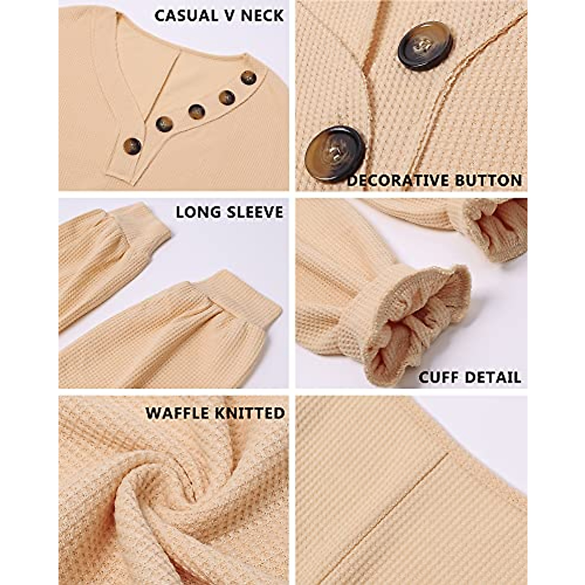 BTFBM Women Waffle Knit Shirts V-Neck Long Sleeve Casual Slouchy Loose Blouses Plain Faux Button Lightweight Pullover (Blue, X-Large)