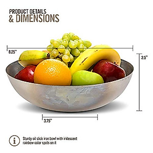 Serene Spaces Living Rustic Iron Bowl – Sturdy Oil Slick Iron Bowl with Iridescent Rainbow Spots – Vintage Accent Piece for Home or Office - Versatile Bowl Makes a Great Gift, 8.25” D x 2.5” H