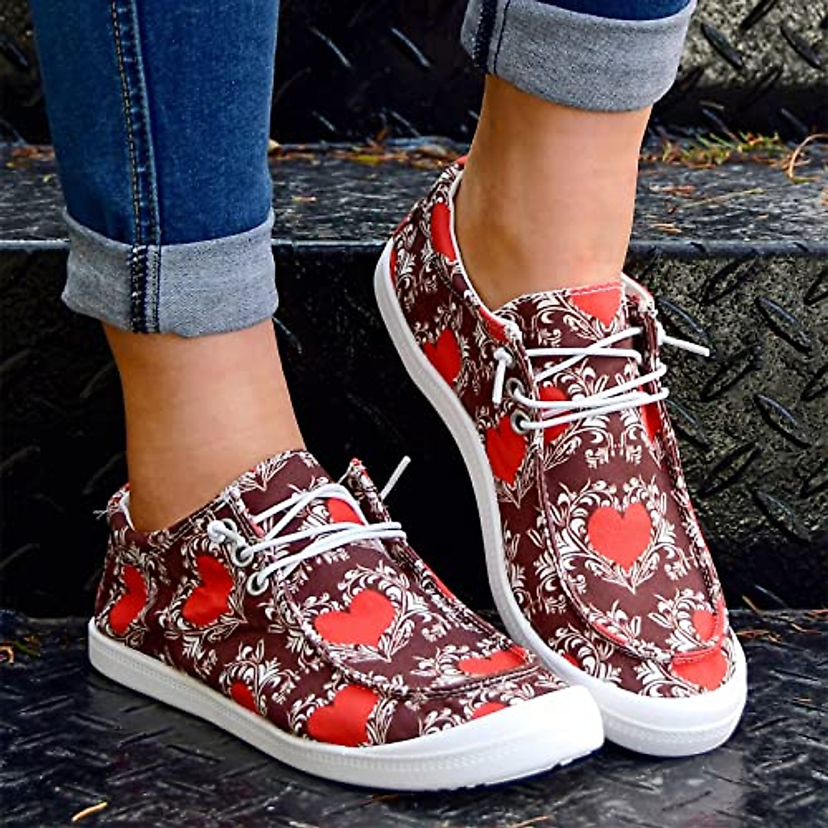 Women Shoes Casual Valentine Day Love Printing Sports Shoes Canvas Fashion Casual Shoes Narrow Shower Slippers Women Red