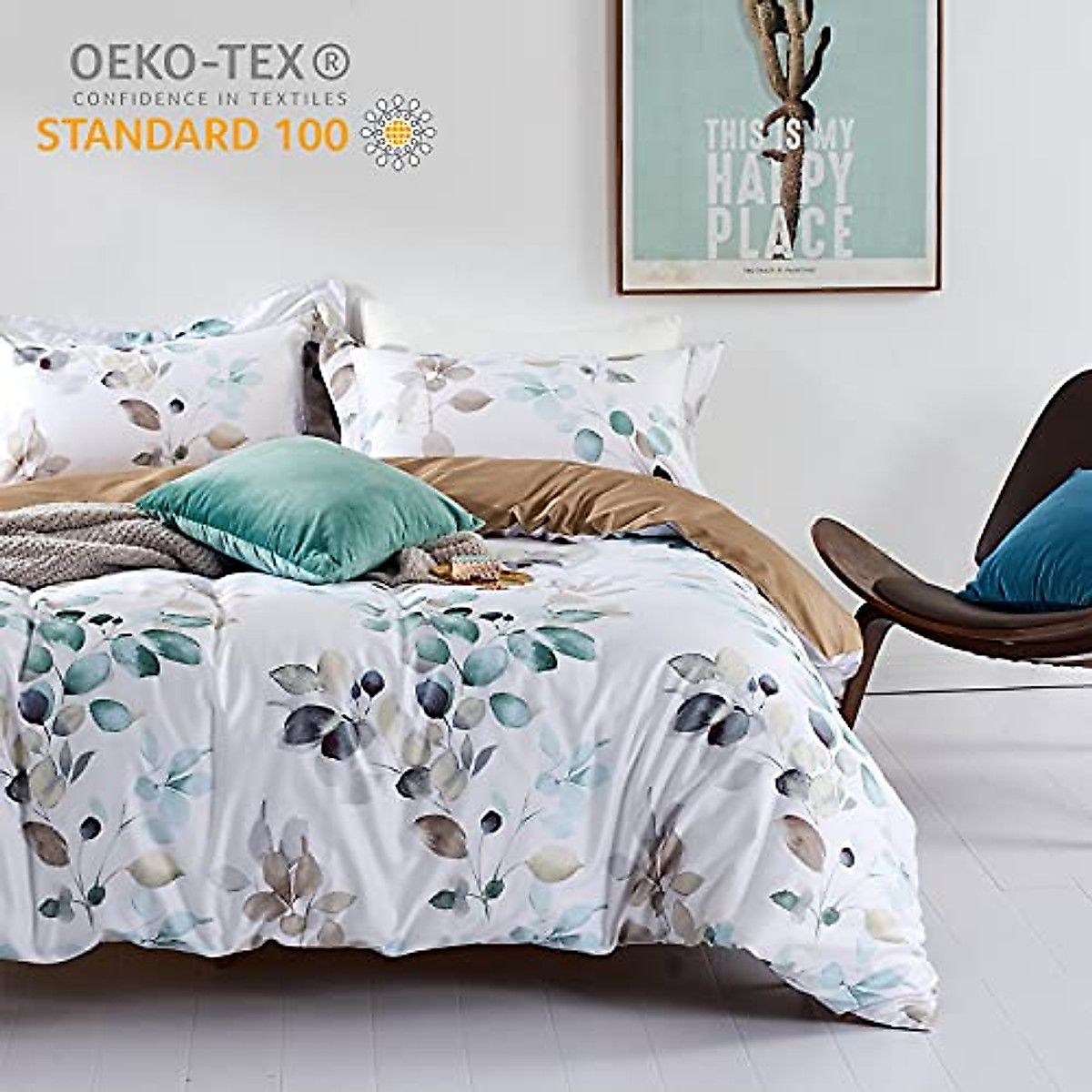 MILDLY Duvet Cover Queen Size 100% Egyptian Cotton Gradient Teal Leaves Plant Pattern Comforter Cover Ultra Soft & Breathable Unique Design Farmhouse Bedding Set (1 Queen Duvet Cover + 2 Pillow Shams)
