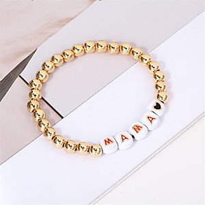 14K Gold Plated Beaded Bracelets Letter Stretch Dainty Stackable Bracelet for Women