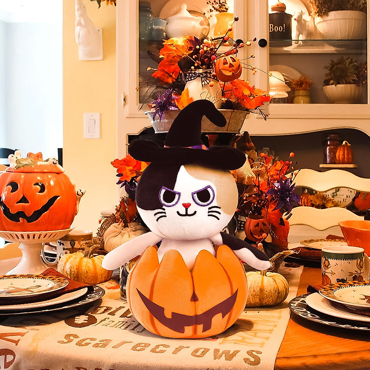 FUN LITTLE TOYS Halloween Cat Plush Pumpkin Popper, Spooky Cute Stuffed Cat for Kids, Halloween Stuffed Animals Toy for Halloween Decorations Indoor, Party Favors Prize, 8.5 Inches