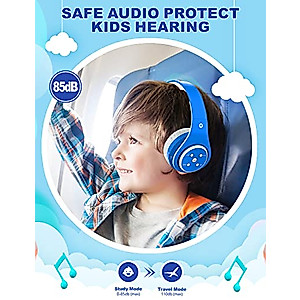 Kids Headphones Bluetooth Wireless 85db/110db Volume Limit Headset Fit for Aged 3-21 Over-Ear and Build-in Mic Wired & SD Card Mode Headphones for Boys Girls Travel School Phone Pad Tablet PC Blue