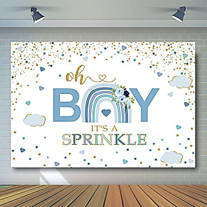 Avezano Blue Rainbow Baby Shower Backdrop for Boy Rainbow Baby Sprinkle Decorations Photography Background Pastel Rainbow Blue and Gold Confetti Oh Boy Party Photoshoot Decor (7x5ft)