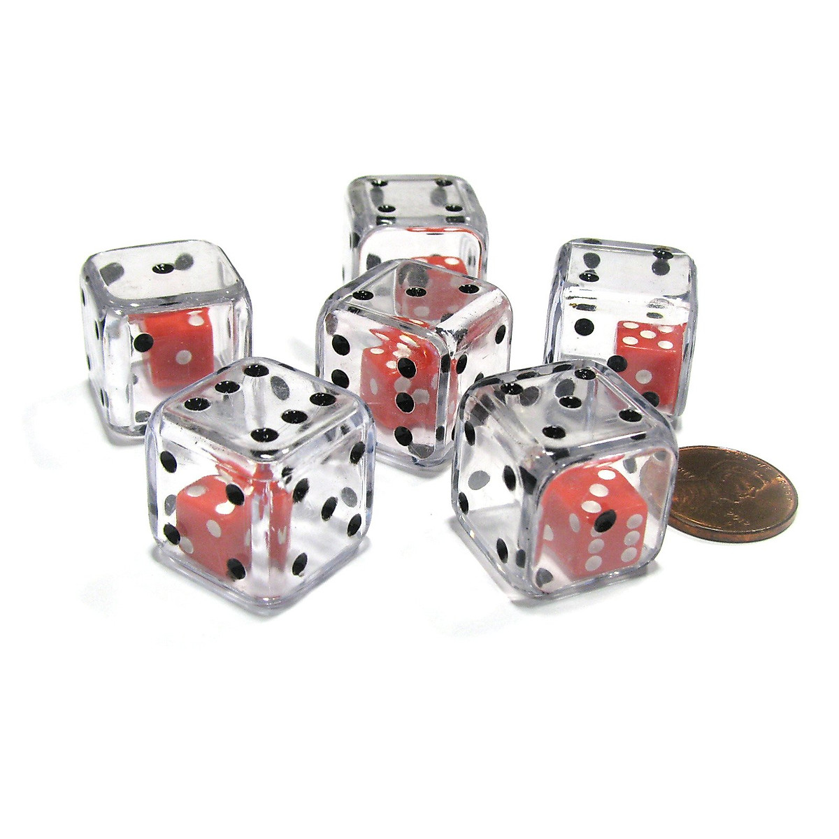 Set of 6 D6 19mm Double Dice, 2-In-1 Dice - Red Inside Clear Die by Koplow Games