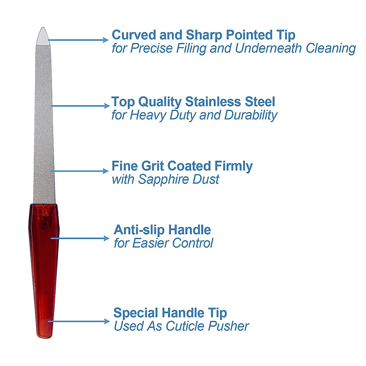 Metal Nail File (6 Pcs), Nail Files for Natural Nails Made of Stainless Steel, Sword Fingernail Files with Sharp Pointed Tip Non Slip Handle, Diamond Finger Nail Filers for Women Sapphire Grit