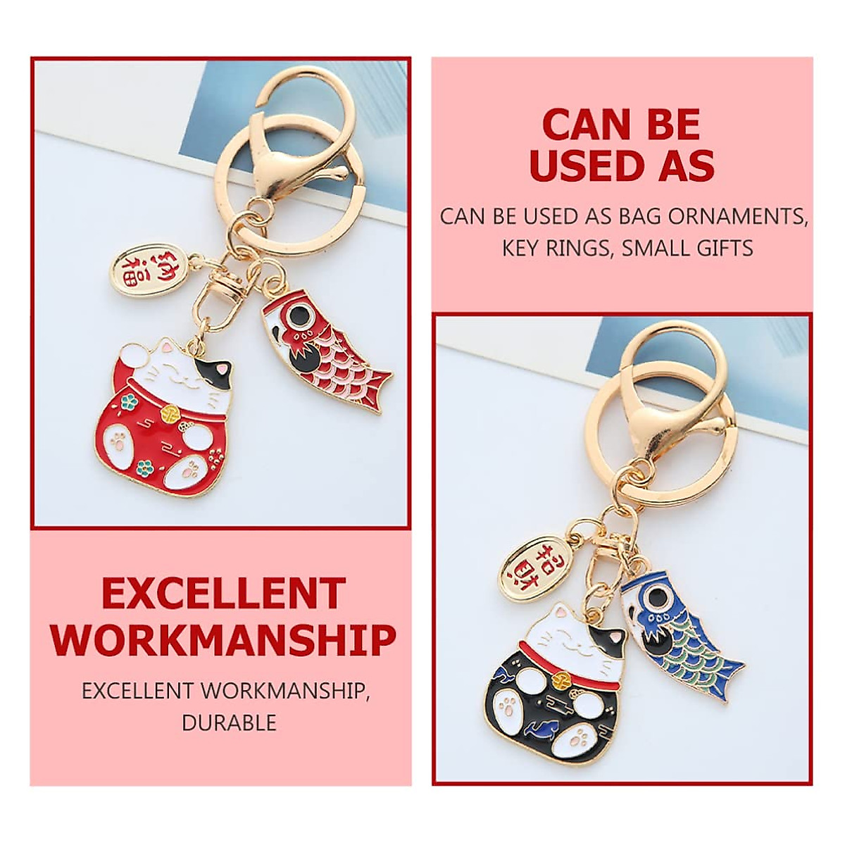 NUOBESTY Maneki Neko Lucky Cat Keychain: Japanese Beckoning Cat Keyring Fengshui Fortune Key Chains for Wealth Fortune