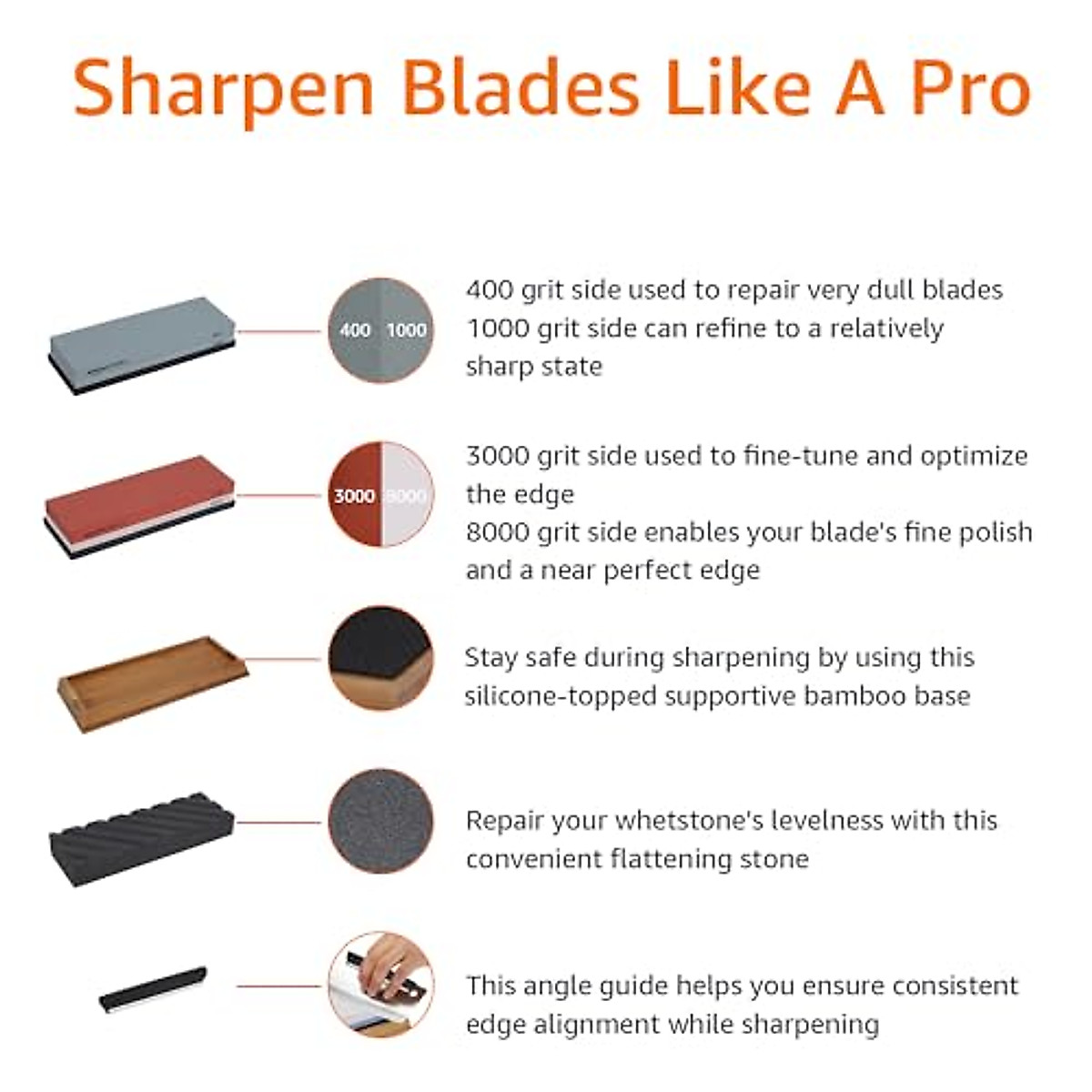 Amazon Basics Whetstone Knife Sharpening Wet Stone Dual Sided 400/1000 and 3000/8000 Grit Stones, Flattening Stone, and Non-Slip 3-PC, Bamboo Base, Black & Grey