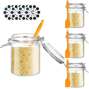 Rtteri 4 Pack 25 oz Glass Sourdough Starter Kit with Thermometer Sticker, Silicone Jar Spatula, Chalkboard Labels and Marker, Wide Mouth Airtight Sourdough Starter Container