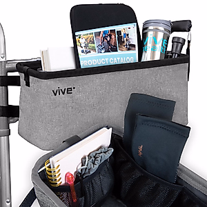 Vive Walker Basket Accessories Bag - Tray for Folding Walker with Water Cup Holder & Pockets - Universal Large Capacity Storage Container for Seniors, Elderly - Storage Mobility Aid Pouch (Gray)