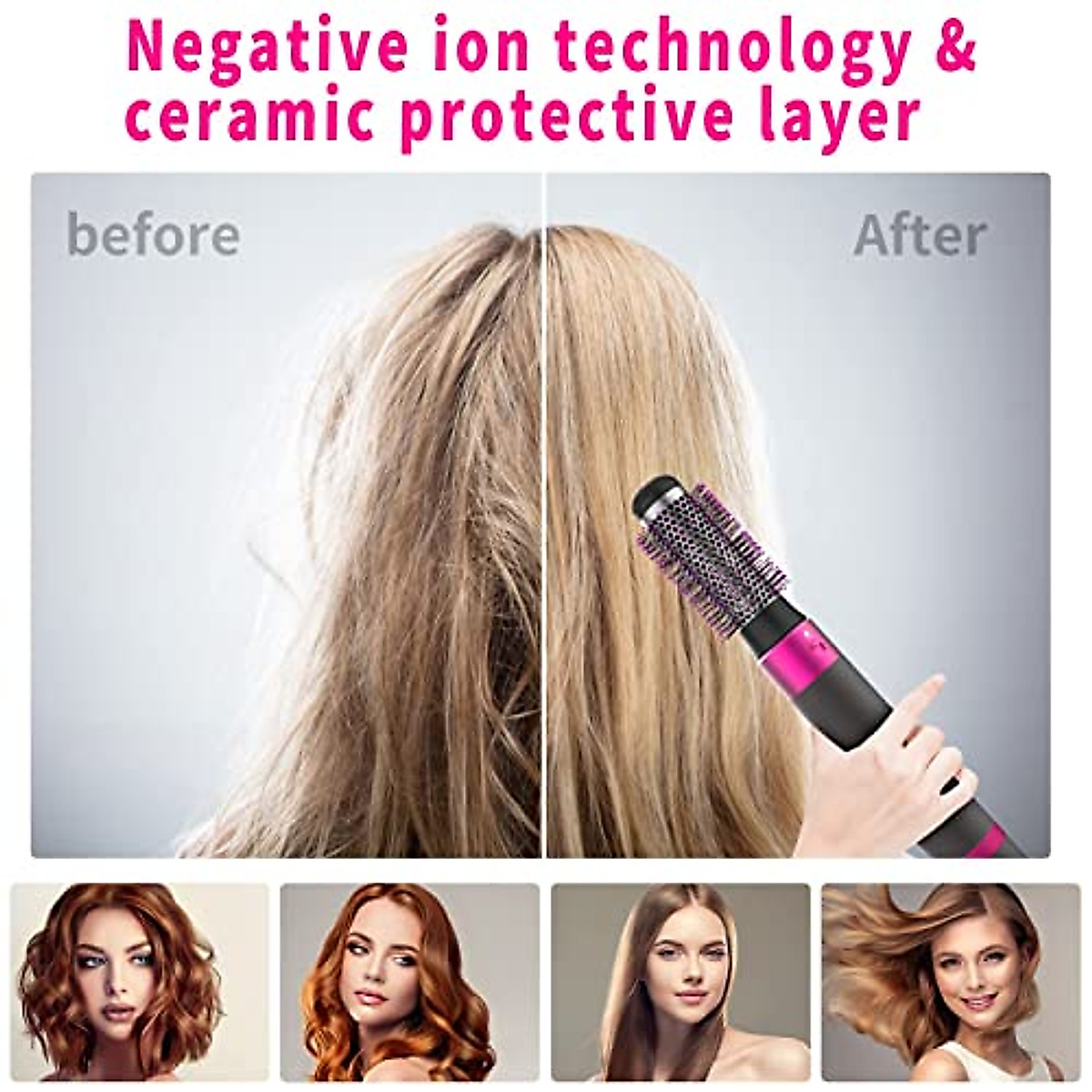 5 in 1 Hair Dryer Brush, Hot Air Brush & Volumizer Styler Set with Interchangeable Brush Head, Negative Ionic Blow Dryer, Electric Hair Curler Straightener Brush, Girlfriend Gifts