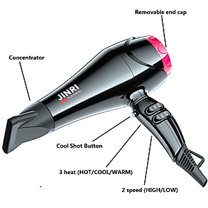 JINRI 1875W Negative Ionic Hair Dryer, Professional Salon Blow Dryer, Low Noise Fast Drying & Powerful AC Motor and Diffuser Comb for Men Women,3 Heat & 2 Speed Settings
