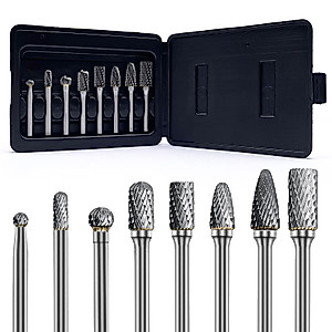 Carbide Burr Set, 1/4" Shank Die Grinder Bits, Tungsten Rotary Tool Bits Double Cut Rasp Files for Metal Weld Wood Stone Concrete Grinding Deburring Trimming Polishing Cutting, 8-pc in Sturdy Case