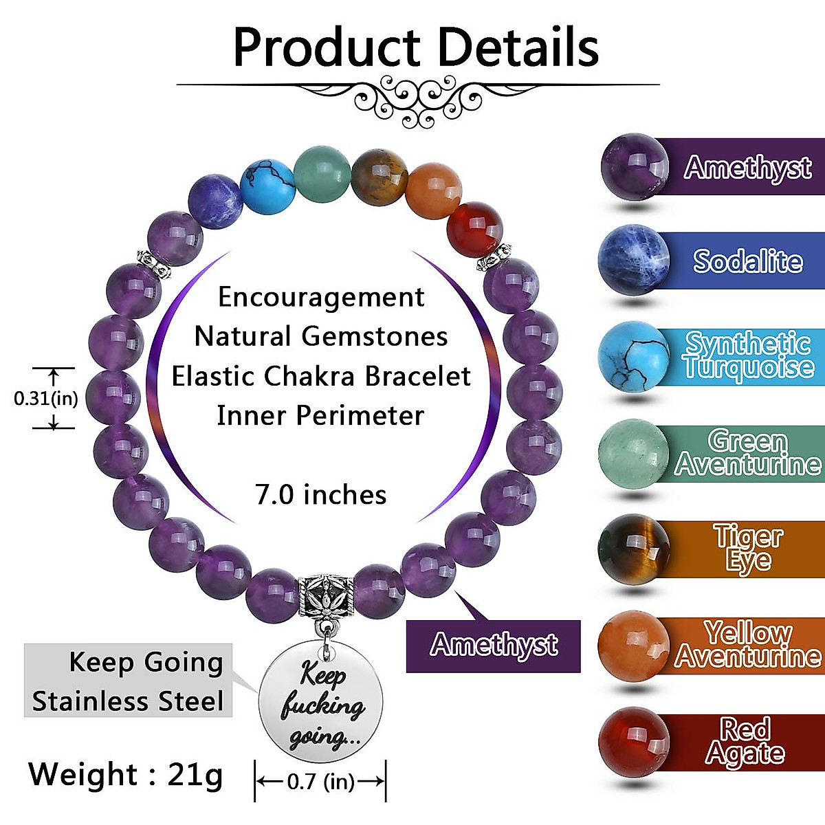 Top Plaza Amethyst Healing Crystal Stone Bead Bracelet 7 Chakra Reiki Yoga Gemstone Beaded Bracelets Inspirational Message Charm Bracelet for Women Men