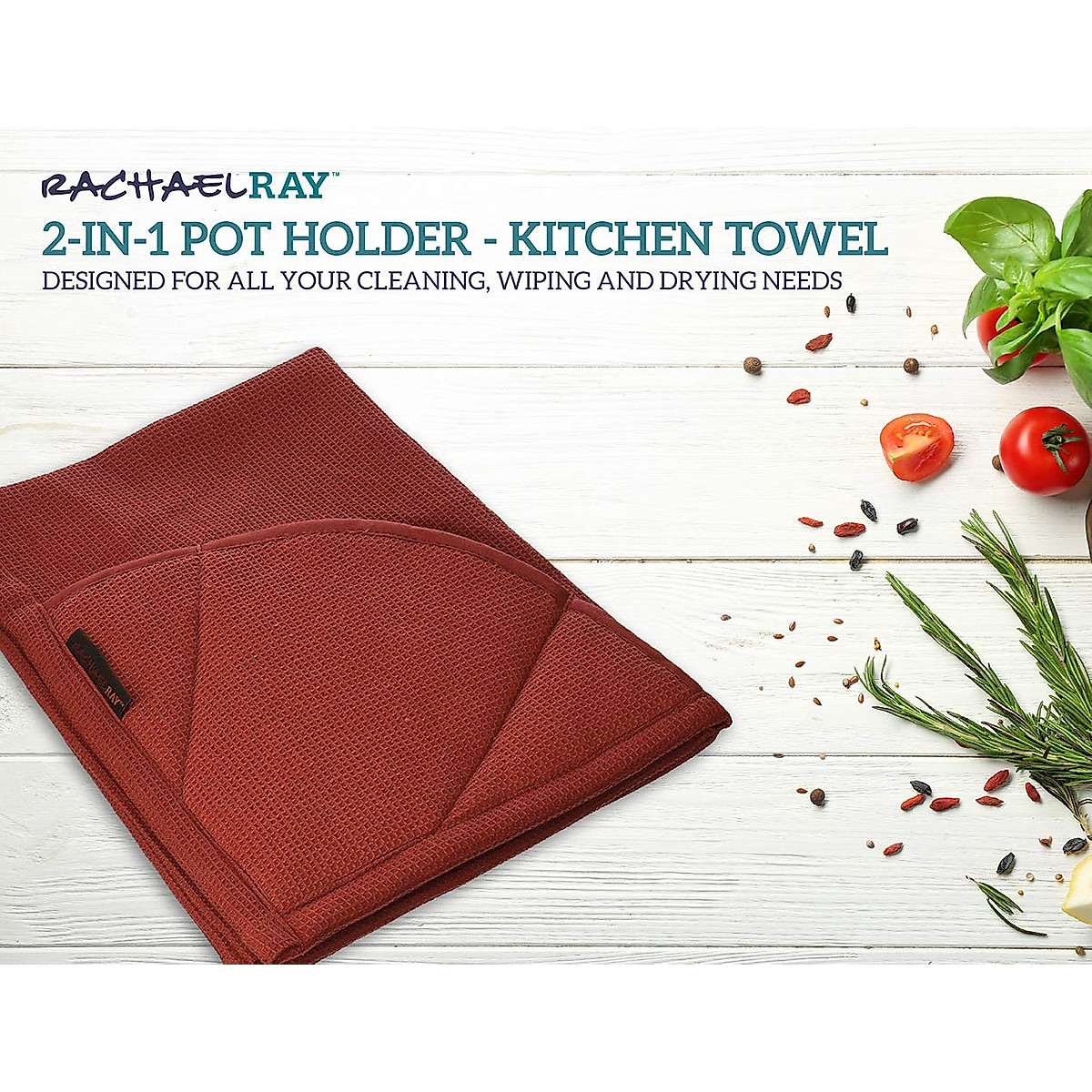 Rachael Ray Moppine Towel, 2pk- 2-in-1 Kitchen Towel and Pot Holder with 2 Heat Resistant Pockets to Grip Hot Cookware, Bakeware-Absorbent Kitchen Towels Perfect for Drying Dishes and Hands, Brick Red