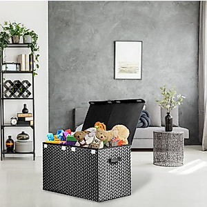 Extra-Large Toy Chest Box Bin Storage with Double Lid 30"x 16" x 16", Collapsible Sturdy Toy Storage Boxes Basket with Handles for Boys, Girls, Nursery, Playroom, Closet, Bedroom and Office(Black)