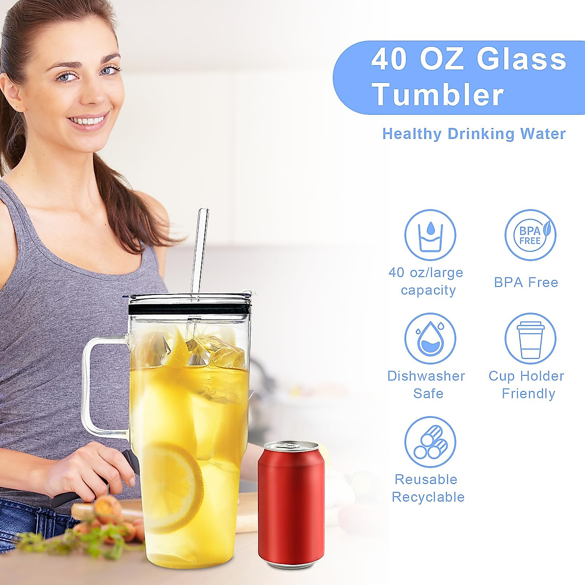 ONEHAUS Glass Tumbler with Lid and Straws, 40oz Glass Cup with Handle, Glass Water Cup,Beer Cup, Ice Coffee Cup, Fits In Cup Holder