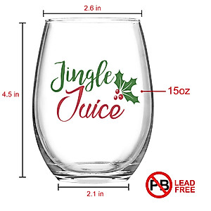 Jingle Juice Christmas Wine Glass, 15 Oz Funny Stemless Wine Glasses for Women Friends Men, Gift Idea for Christmas Wedding Party, Set of 2