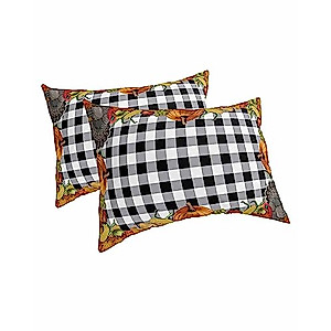 Thanksgiving Pillow Covers Standard Size Set of 2 Bed Pillow, Black White Plaid Turkey Farmhouse Pumpkin Maple Leaf Plush Soft Comfort for Hair/ Skin Cooling Pillowcases with Envelop Closure 20''x26''