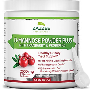 Zazzee D-Mannose Powder Plus, 2000 mg, 67 Servings, Potent & Fast-Acting, Plus 5 Billion CFU Probiotics and Pure Cranberry Juice Extract, Free Scoop, 6.5 Oz, Vegan, Gluten-Free, Non-GMO, All-Natural