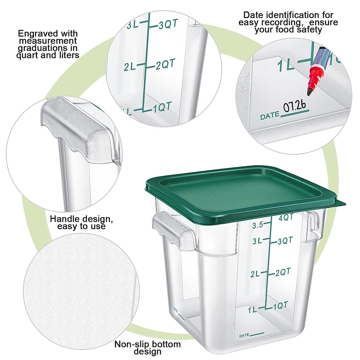 Maxcheck 4 Pcs 4Qt Food Storage Container with Lids Set Square Clear Commercial Containers with Scale and Handle Space Saving for Home Kitchen Restaurant Proof Dough Marinating Meat (Green)