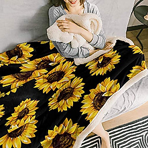 Sunflower Sherpa Fleece Blanket, Super Thick and Warm Cozy Luxury Blanket 40"x50", Vintage Floral Yellow Sunflower Black Background Bed Blanket, Fluffy Plush Microfiber Throw Blanket for Couch