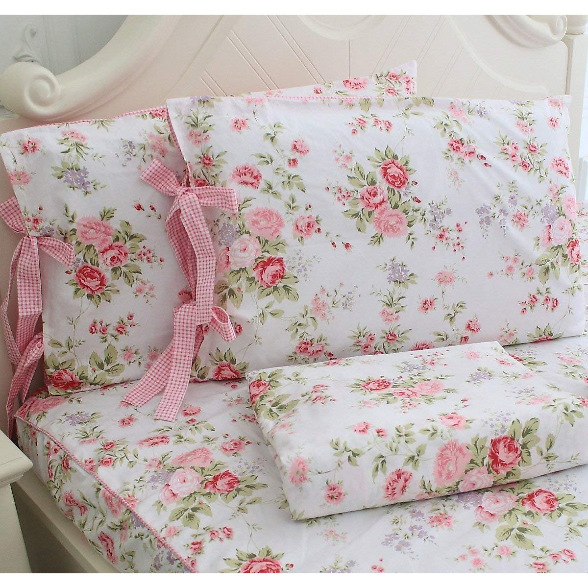 FADFAY 7Pcs Queen Size Premium Cotton Rose Floral Duvet Cover Sheets Set,1 Duvet Cover+1 Flat Sheet+1 Fitted Sheet+ 4 Shams