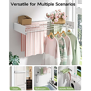 Vikaqi Wall Mounted Clothes Drying Rack, Foldable Wall Mount Laundry Drying Rack Folding Indoor, Drying Rack Clothing Collapsible, Towel Drying Rack with Wall Template, 5 Rods, 32", White