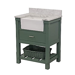 Charlotte 30-inch Bathroom Vanity (Carrara/Sage Green): Includes Sage Green Cabinet with Authentic Italian Carrara Marble Countertop and White Ceramic Farmhouse Apron Sink