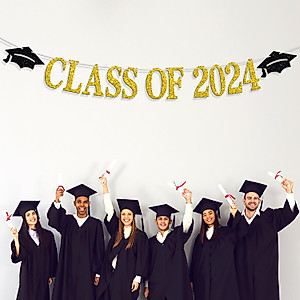 Class of 2024 Banner, Congrats Grad Bunting Sign for 2024 High School College Graduation Party Decorations Supplies, Black and Gold Glitter