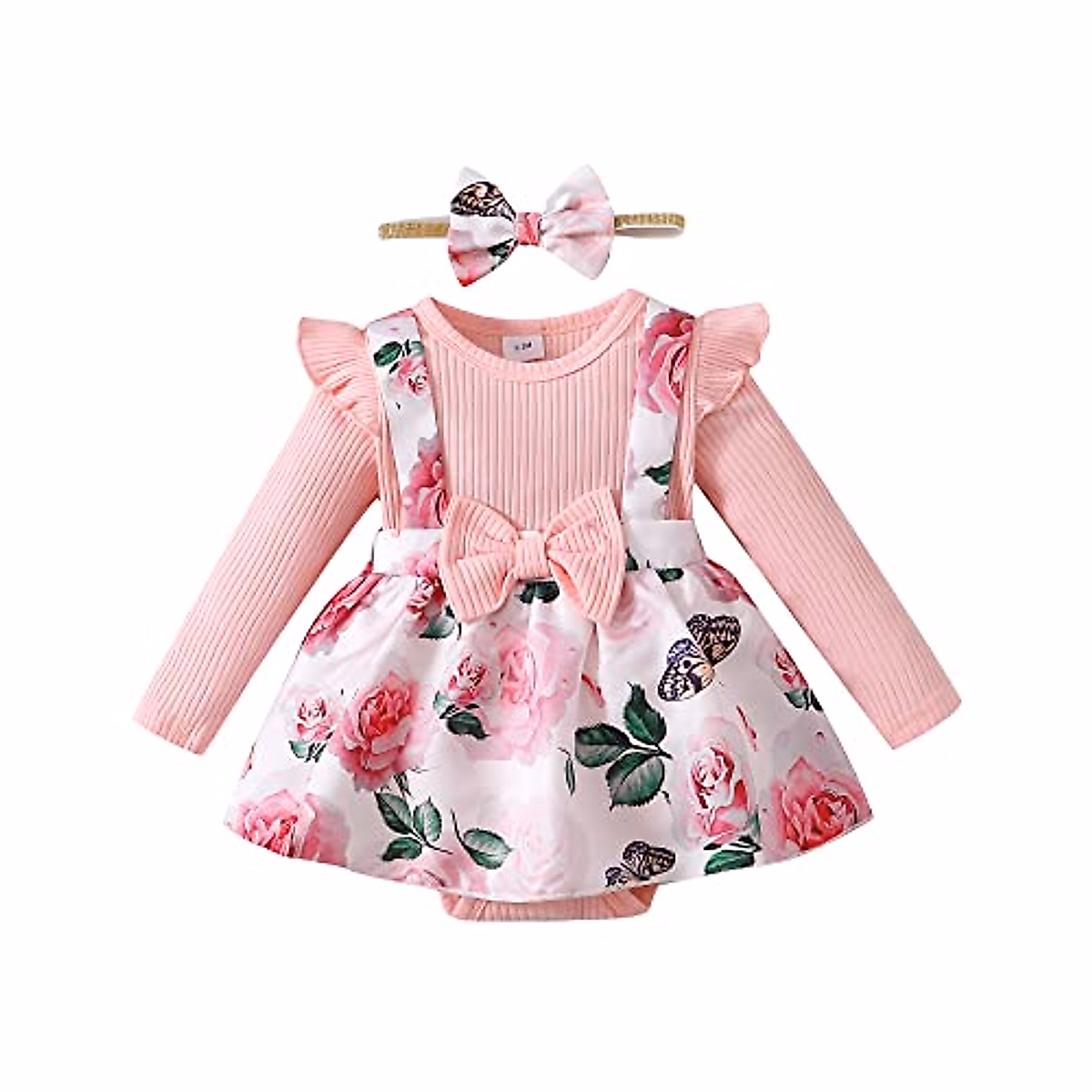 HIGHUZZA Baby Girl Clothes Newborn Dress Infant Romper Outfits Jumpsuit Clothing Suspender Headband Overall Skirt Set Winter Fall 0-3 Month Pink