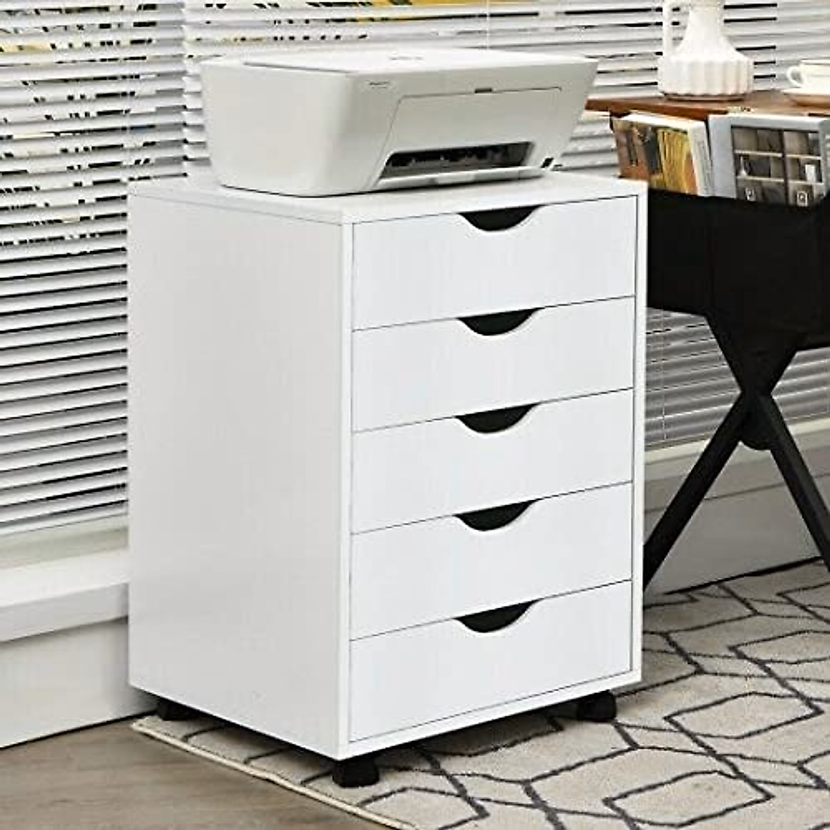 MAXCBD Nightstand Bedside Table Drawer Cabinet 5 Drawer Dresser Storage Cabinet Chest W/Wheels for Home Office White Easy Maintenance and Lasting Durability Storage Tower Dresser
