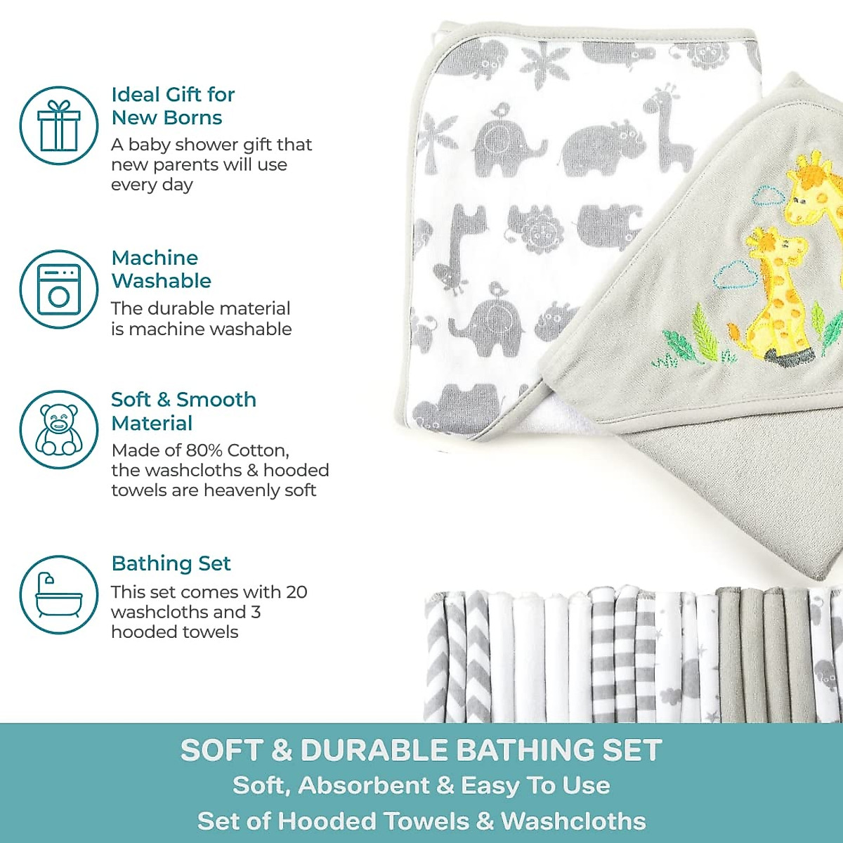 Spasilk Bath Hooded Towels & Washcloths Set for Babies, 23-Piece Gift Set, Grey, (Gift GBA23 0501)
