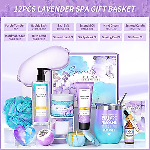 Spa Gifts for Women,Birthday Gifts for Women,Purple Gifts for Women,Gifts for Her Girlfriend Mom Sister,Care Package Gift Set,14Pcs Lavender Scent Home Spa Relaxing Gift Box Basket with Wine Tumbler