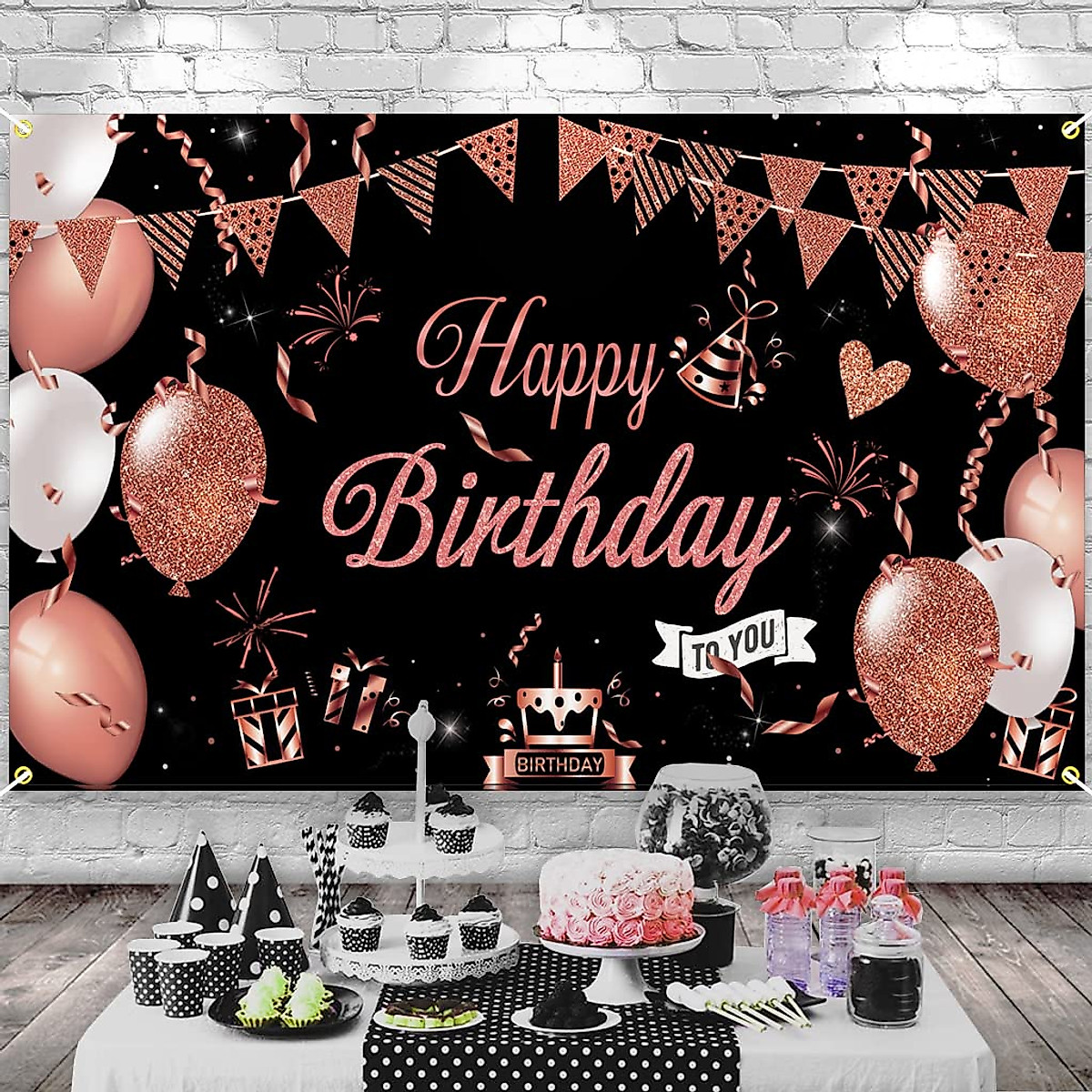 KOKAR Happy Birthday Decorations Banner, Large Black and Rose Gold Happy Birthday Banner Sign, Happy Birthday Backdrop for Girls Women Birthday Party Decorations