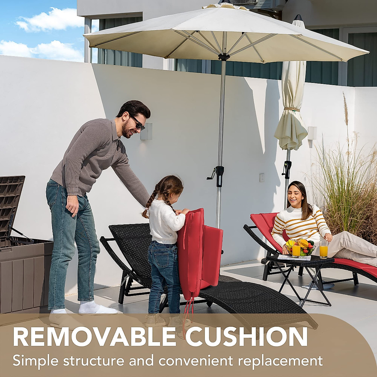 Devoko Patio Chaise Lounge Sets Outdoor Rattan Adjustable Back 3 Pieces Cushioned Patio Folding Chaise Lounge with Folding Table (Red)