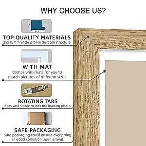 Hongkee 11x14 Picture Frame Set of 4, Made of Natural Oak Wooden Frame, Display 8x10 Pictures with Mat or 11 x 14 Posters without Mat for Wall Mounting, Gallery Photo Frames