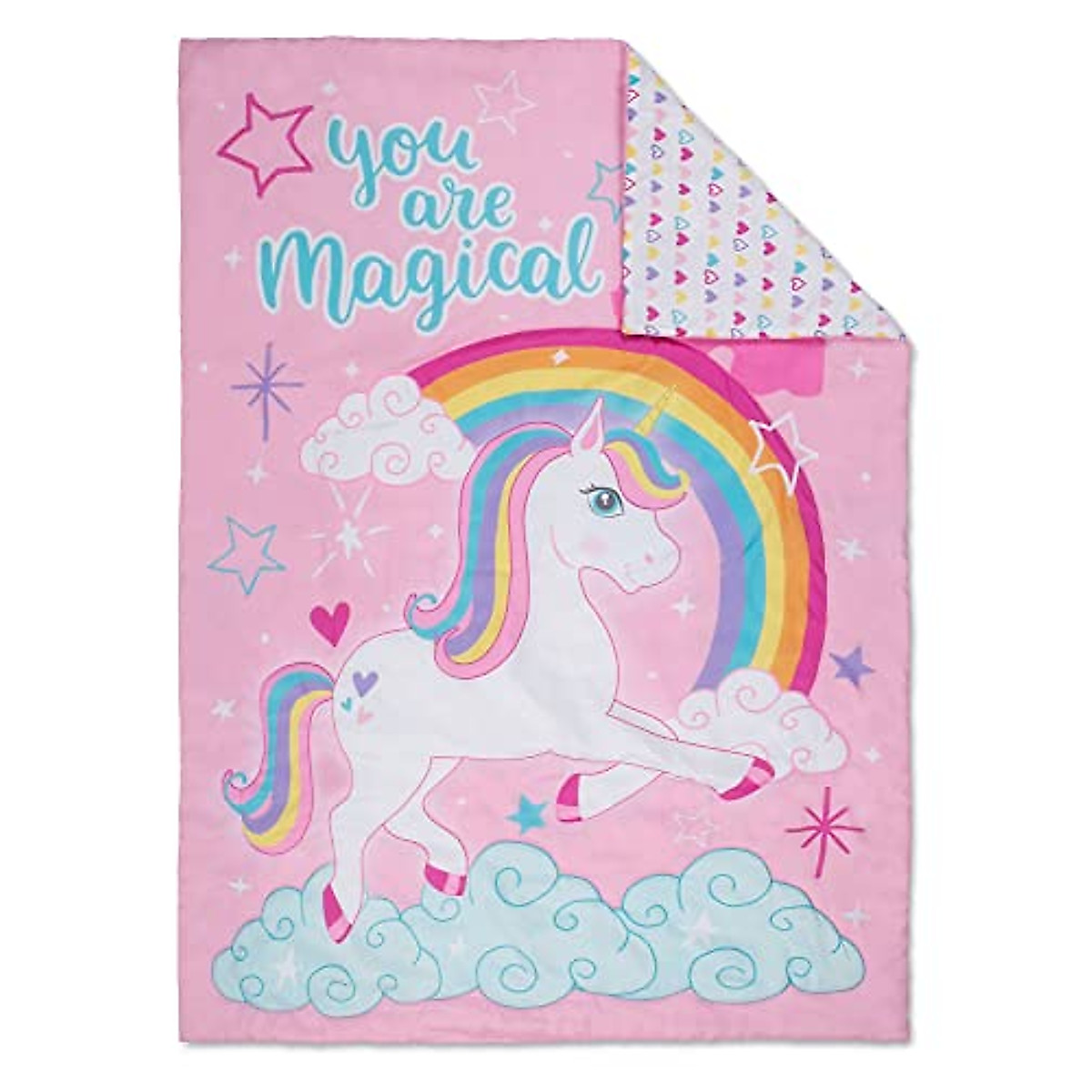 Baby Boom Funhouse Unicorn Love 4 Piece Toddler Bedding Set – Includes Comforter, Sheet Set – Fitted + Top Sheet + Reversible Pillowcase for Girls Bed, Pink