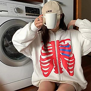MARLLCO Skeleton Zip Up Hoodie Y2k Skeleton Sweatshirt Jacket Skeleton Hoodies for Men Women Thoracic Heart Skull Hoodie (White,XXL)