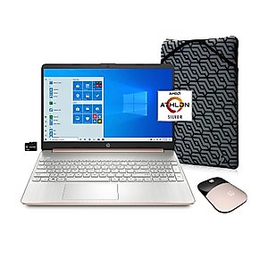 HP 15.6" AMD Athlon Silver 3050U, 4GB DDR4 RAM 128GB SSD, HDMI USB-C WiFi Webcam, Wireless Mouse, Sleeve, Rose Gold, Windows 10S, with one Year Microsoft 365, and GOLDOXIS SD Card