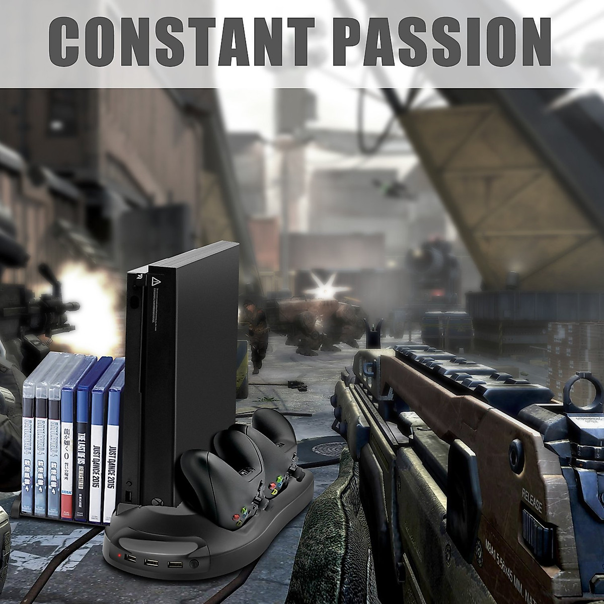 Puroma Vertical Stand Only for Xbox One X Cooling Fan with Controller Charger Charging Station Game Discs Storage and 3 USB Ports