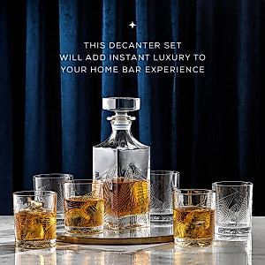 JoyJolt Gatsby Whiskey Decanter and 6PC Glasses Set. 27 oz Airtight Glass Decanter and Set of 6 Old Fashioned Rocks Glasses for Scotch, Bourbon Whisky, Brandy, Cognac Rum or Whiskey Cocktails