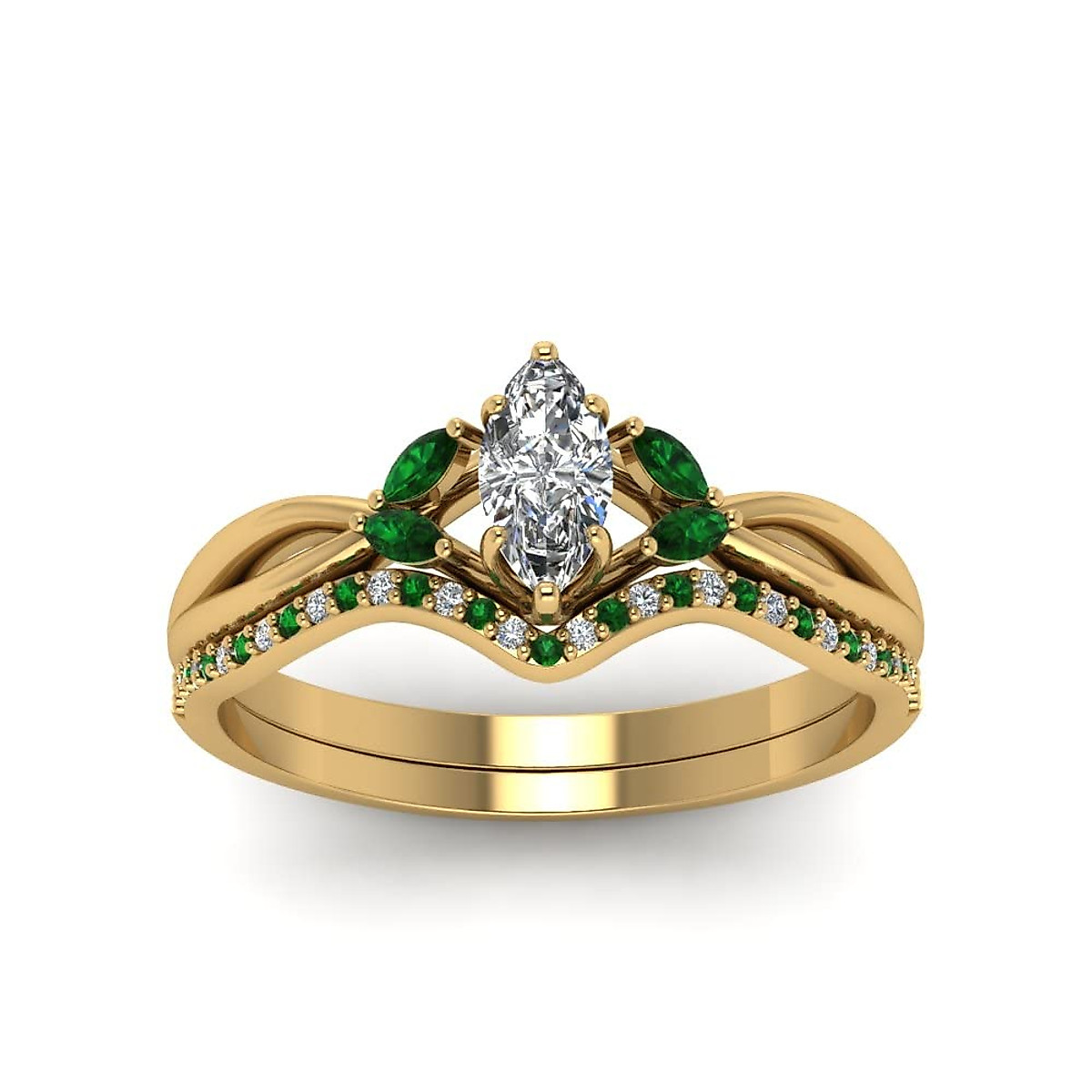 CaratYogi Marquise Cut Twisted Diamond Bridal Set yellow gold plated Created Emerald Marquise shape Green color Wedding Ring Sets prong Setting in Size 6 Handcraft Chakra Healing