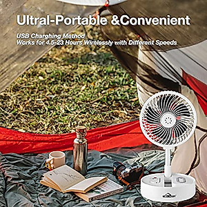 BC.HINGER 8-Inch Foldaway Oscillating Fan - Desk Table Fans Portable Air Circulator Travel Mini Fans Rechargeable Battery Operated, Pedestal Stand Floor Fan with Adjustable Height, 4 Speeds & Time Settings