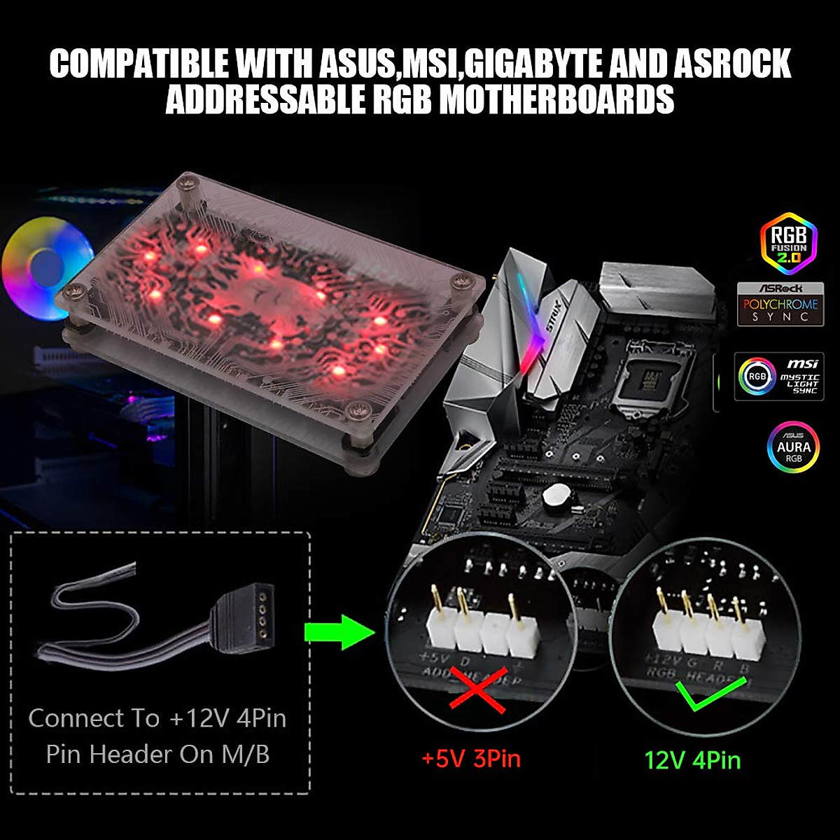 Newest Version 12V RGB Hub with Acrylic Case and Magnetic Standoff for ASUS/MSI 12V 4Pin LED Controller