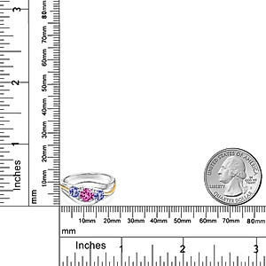 Gem Stone King 925 Sterling Silver and 10K Yellow Gold Round Pink Created Sapphire and Blue Tanzanite 3 Stone Ring For Women (1.15 Cttw, Available In Size 5, 6, 7, 8, 9)