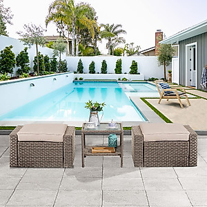 Small Patio Furniture Set with Glass Coffee Table, PE Rattan Outdoor Couch with Metal Frame, All Weather Wicker Patio Ottoman Set with Removable & Washable Cushion for Patio Garden, Khaki&Brown