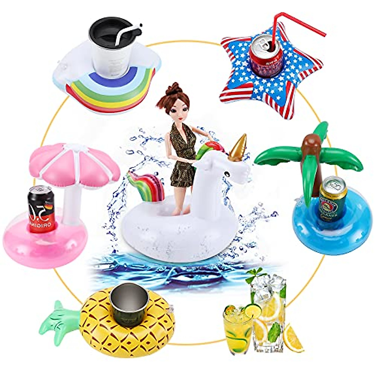Pool Floaties for Girl Dolls,9 Pack Swimming Inflatable Drink Floats,Inflatable Cup Coasters with Air Pump for Summer Pool Party,Pool Party Ring Drink Holder for 11.42 inch Tall Dolls Pool Toys