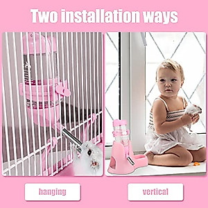 Hamster Water Bottle, [3 in 1-2.7oz] Diyife Guinea Pig Water Bottle No Drip, 80ml Small Animal Auto Dispenser with Food Container Base for Hamster Bunny Chinchilla Squirrel, Small Pets (Pink)